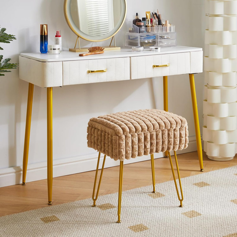 Mercer41 Rectangle Vanity Chair With Storage Space Footrest Footstool Ottoman Vanity Stool Dressing Table Chair With Anti Slip Feet For Makeup Room Bedroom Square Grid Pattern Wayfair